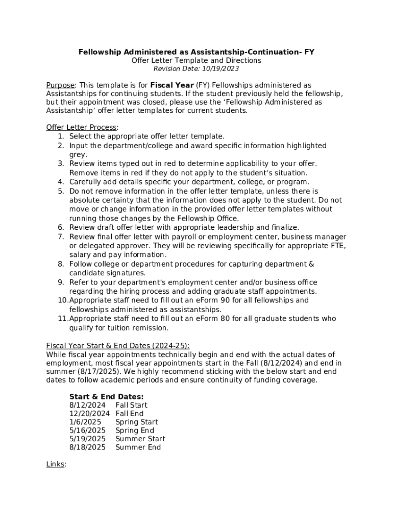 Fellowship Administered as Assistantship-Continuation- FY Doc Template | pdfFiller