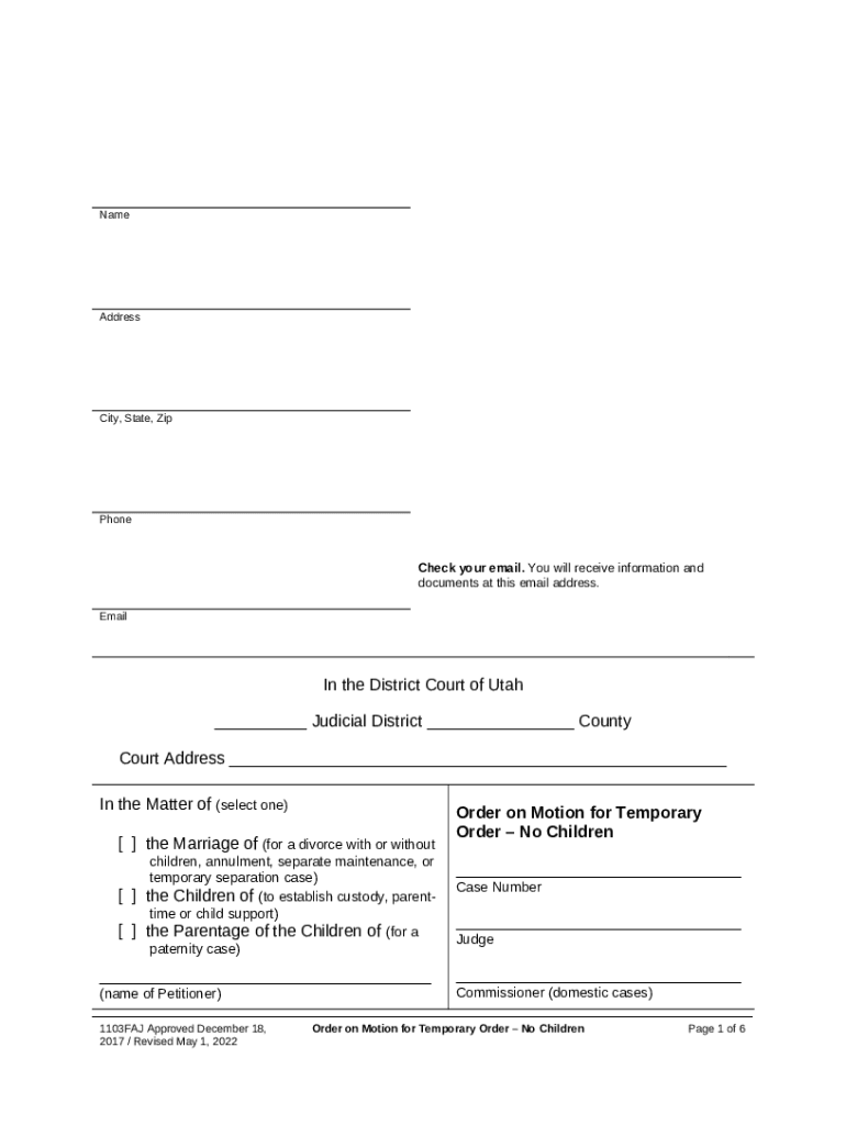 Order on Motion for Temporary Order - No Children Doc Template | pdfFiller