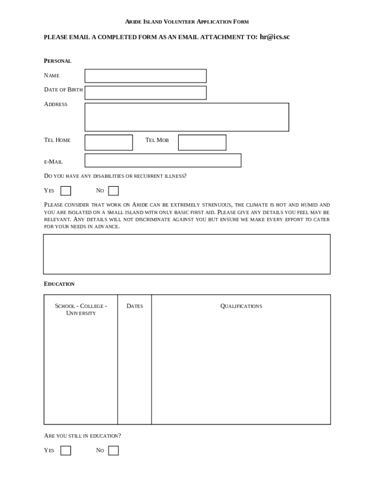 Aride Volunteer Aplication Doc Template | pdfFiller
