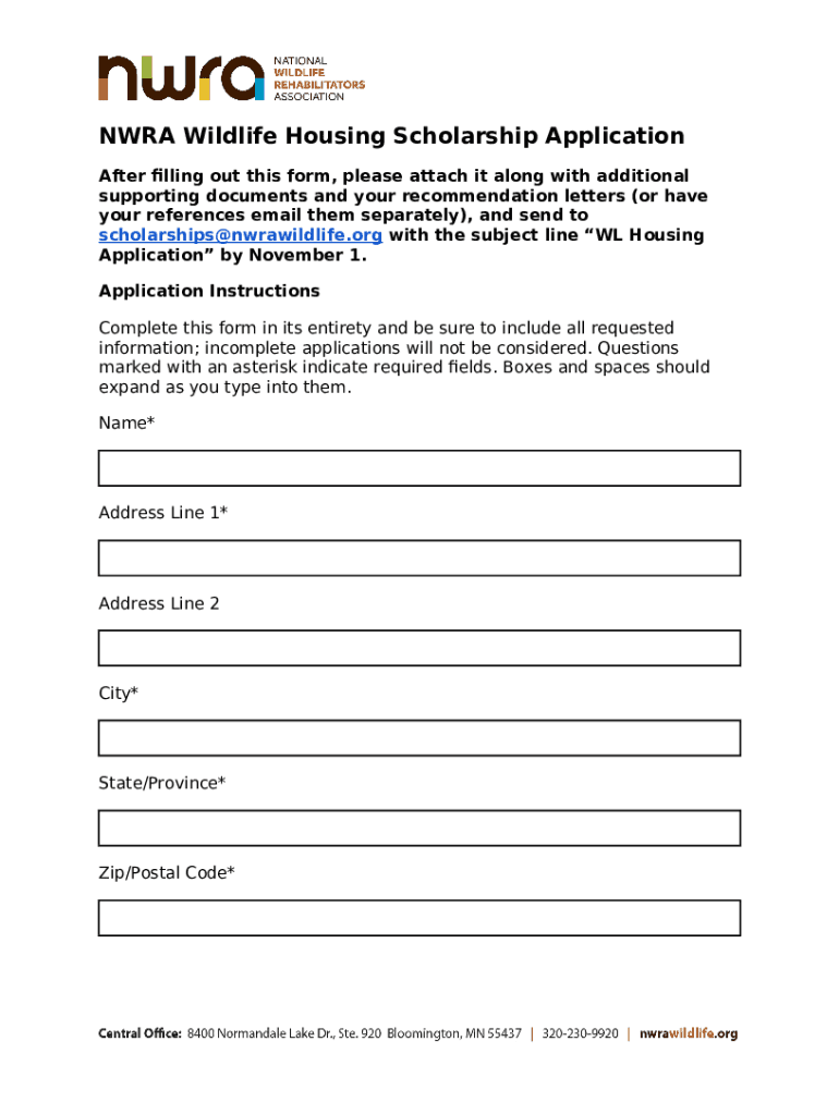 NWRA Wildlife Housing Scholarship Application Doc Template | pdfFiller