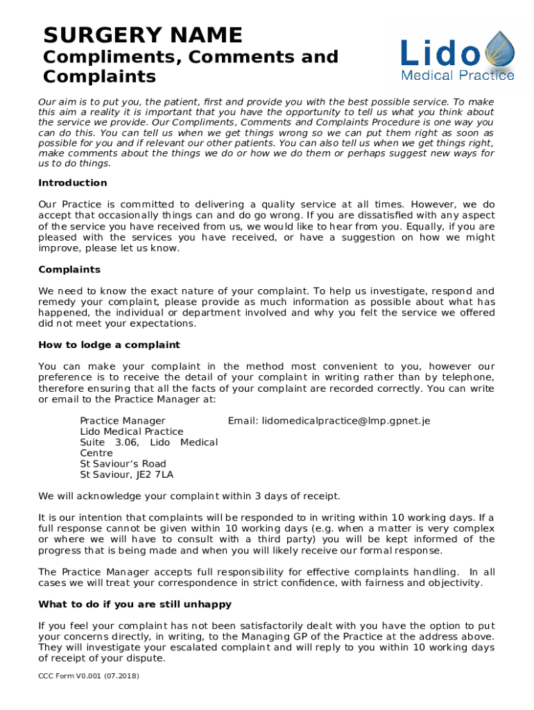 IMC Complaints - My Surgery Website Doc Template | pdfFiller