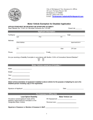 Fillable Online Motor Vehicle Exemption for Disabled Application Fax ...