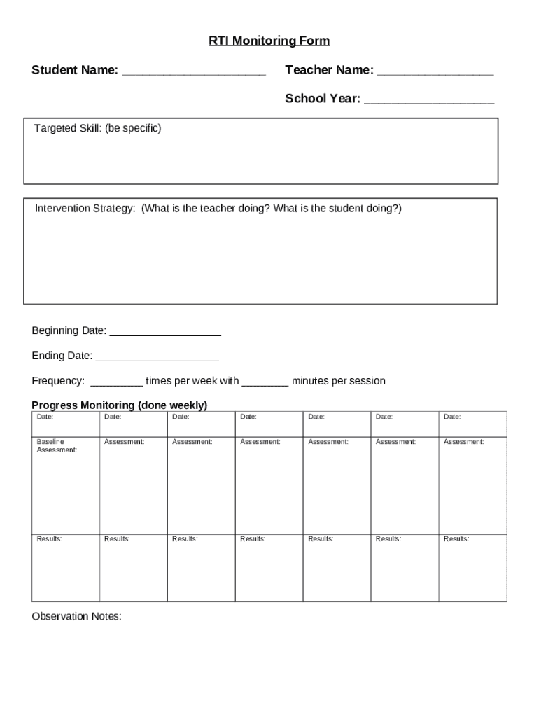 RTI Tier 1/Classroom Progress-Monitoring Worksheet Doc Template | pdfFiller