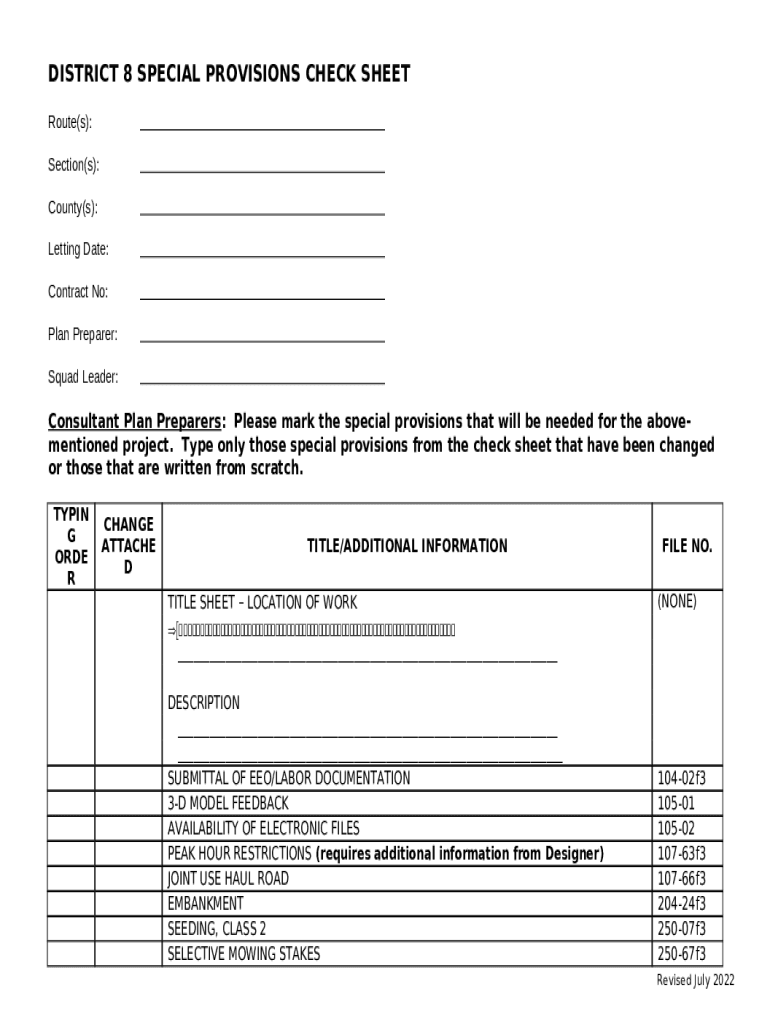 district 8 special provisions check sheet Doc Template | pdfFiller