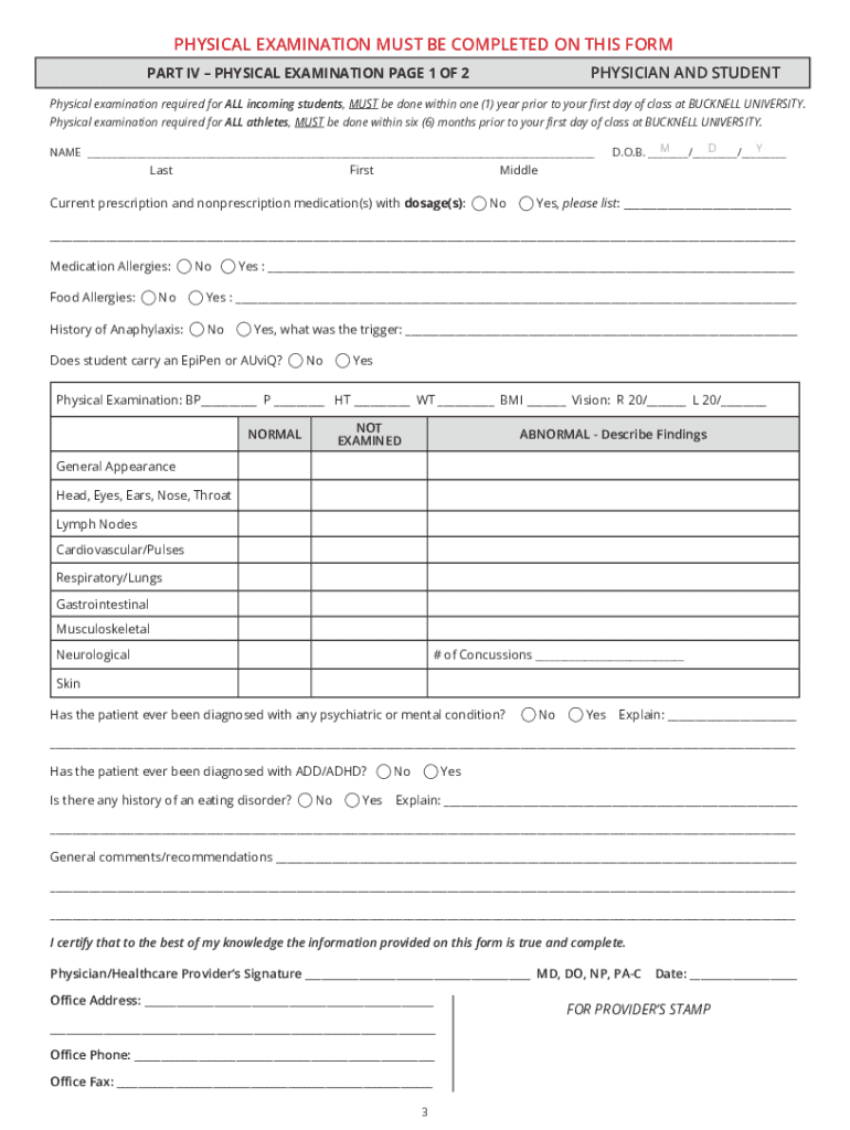Fillable Online PHYSICAL EXAMINATION MUST BE COMPLETED ON ... Fax Email Print - pdfFiller