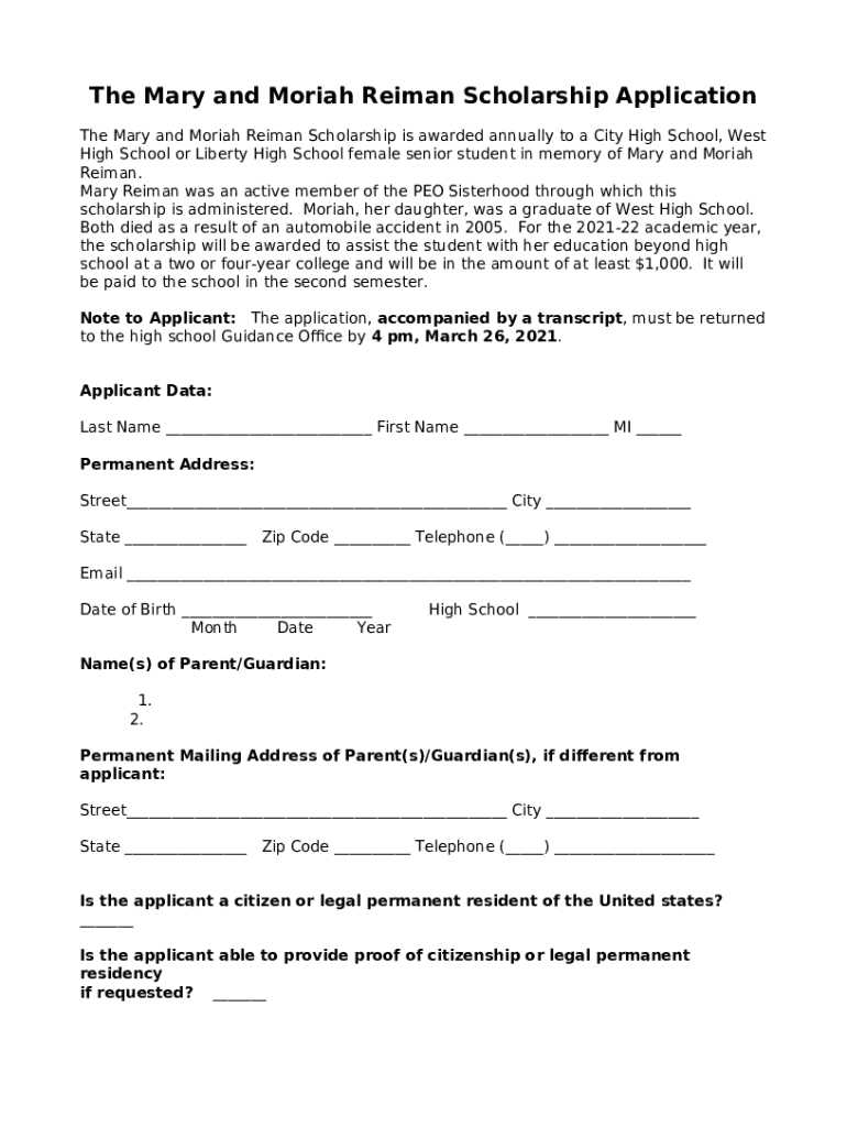 The Mary and Moriah Reiman Scholarship Application Doc Template | pdfFiller