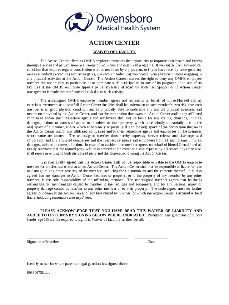 Action Center Waiver Doc Template | pdfFiller