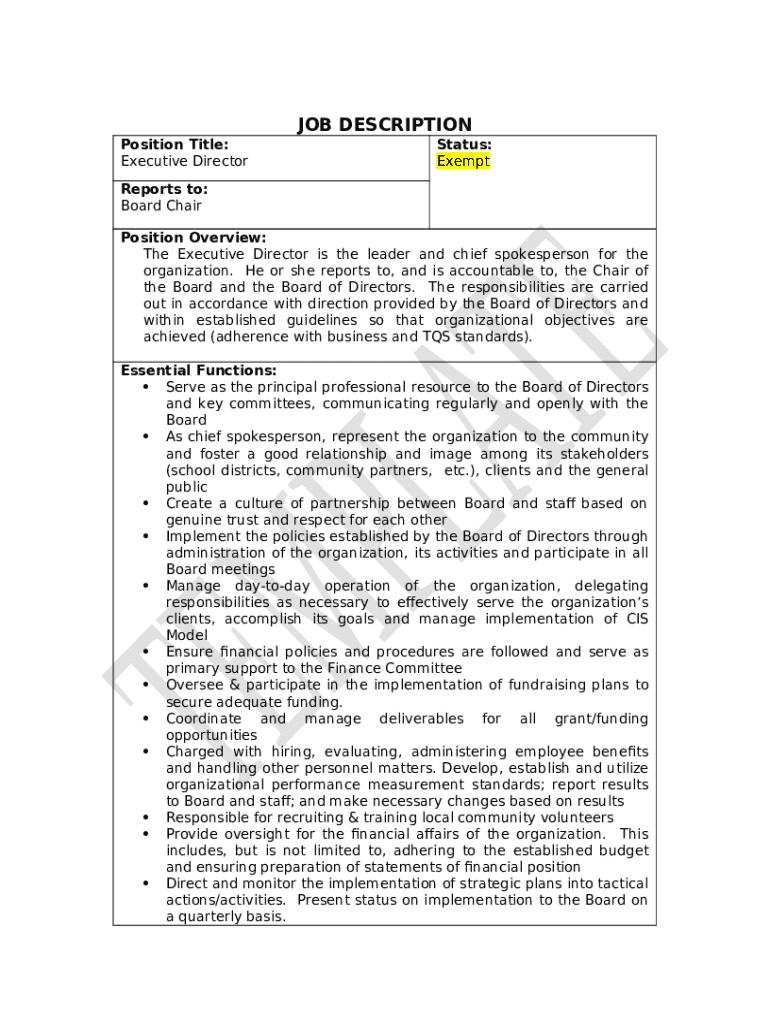Executive Director Job Description +2023 TEMPLATE Doc Template | pdfFiller