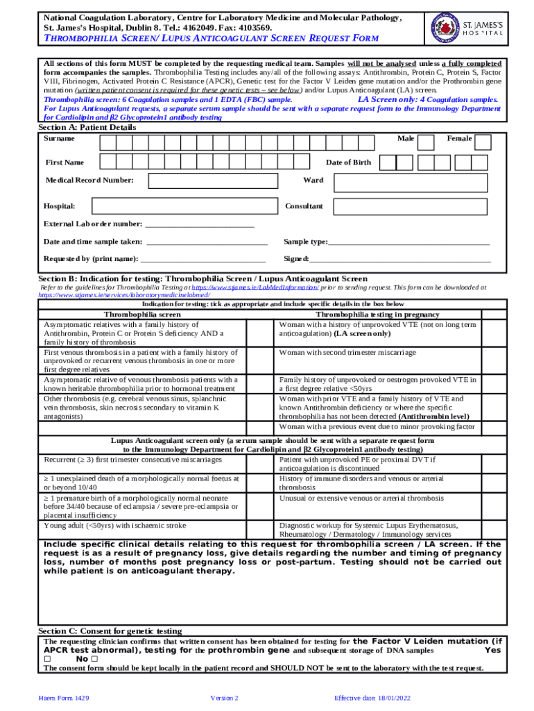 Thrombophilia Criteria for Testing and Request Doc Template | pdfFiller