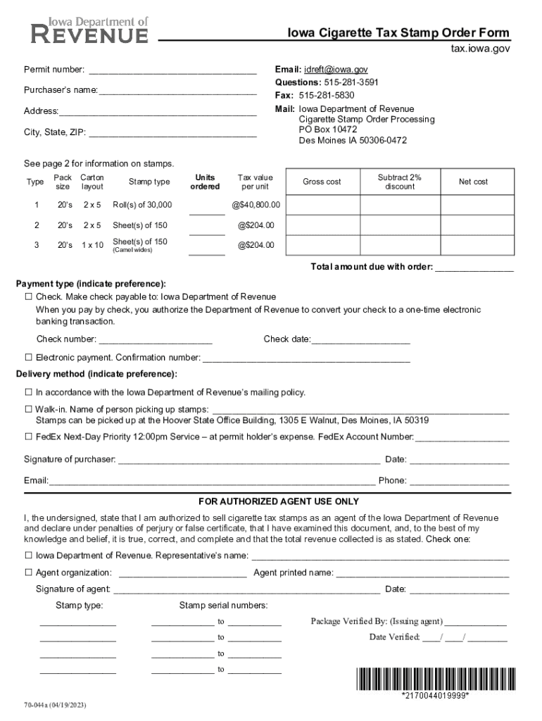 Fillable Online Cigarette Tax Stamp Order Form 70-044Iowa Department Of ...