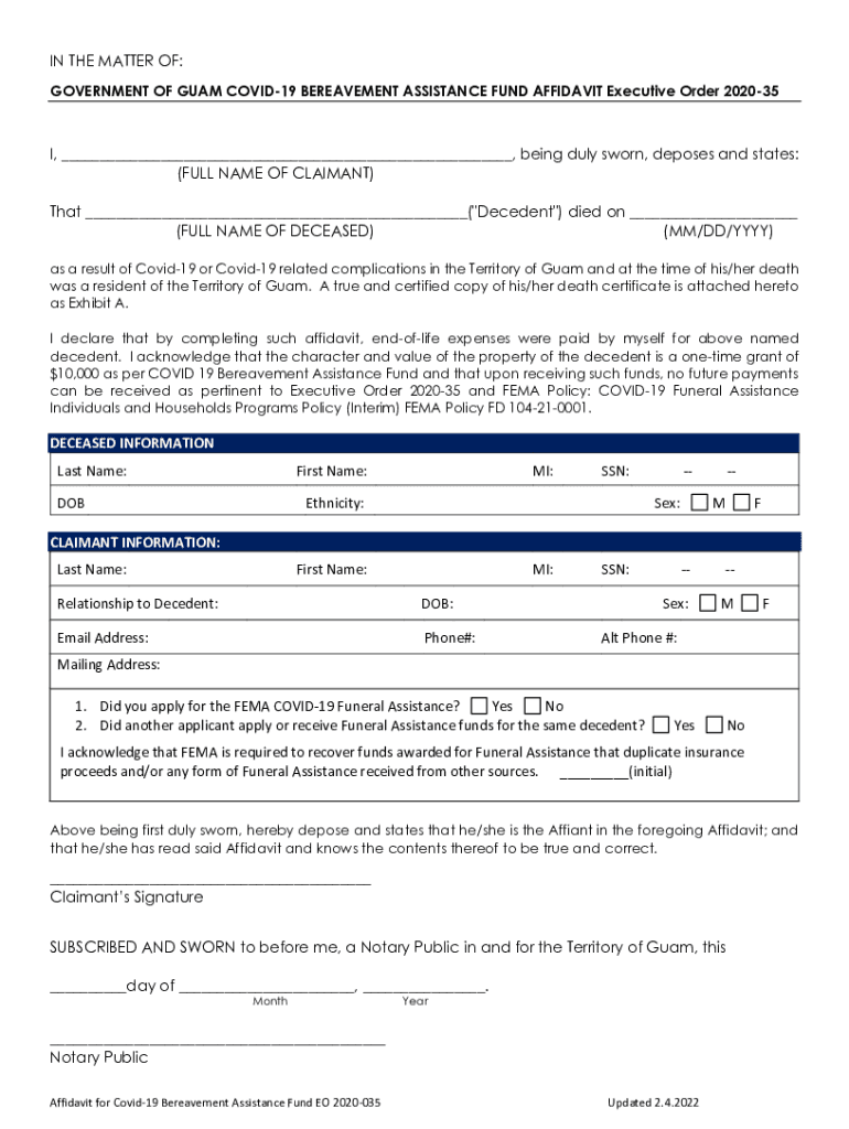 Fillable Online hr doa guam GOVERNMENT OF GUAM COVID-19 BEREAVEMENT ...