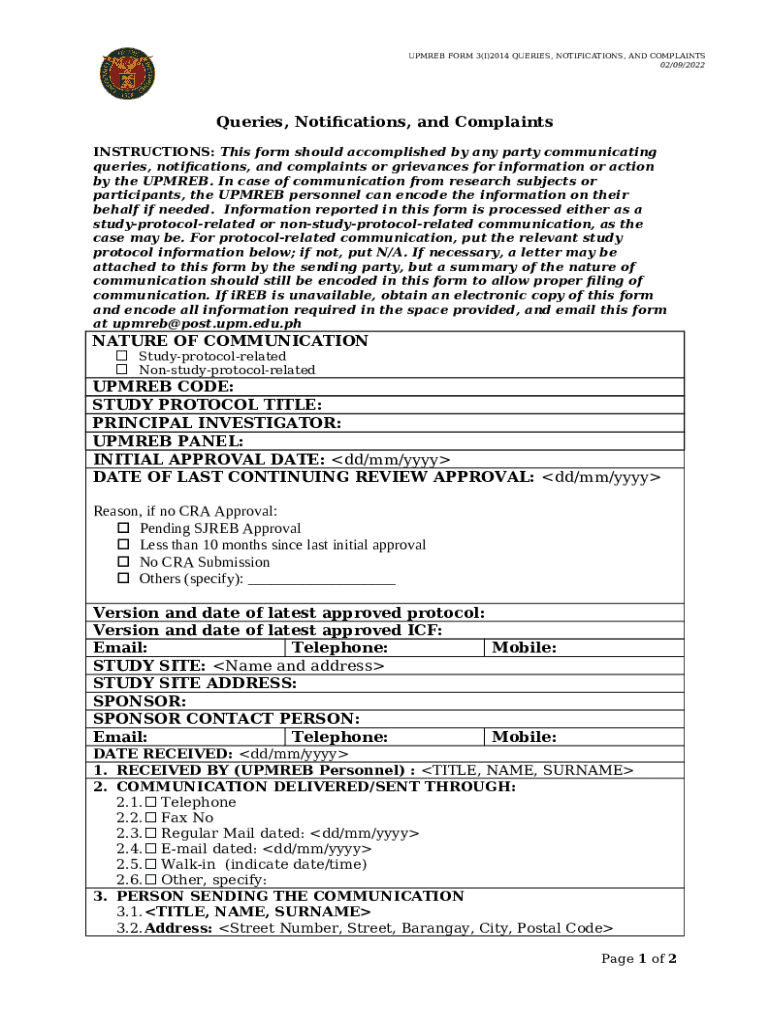 UPMREB 3(I)2012 Queries, Notification and Complaints Doc Template | pdfFiller