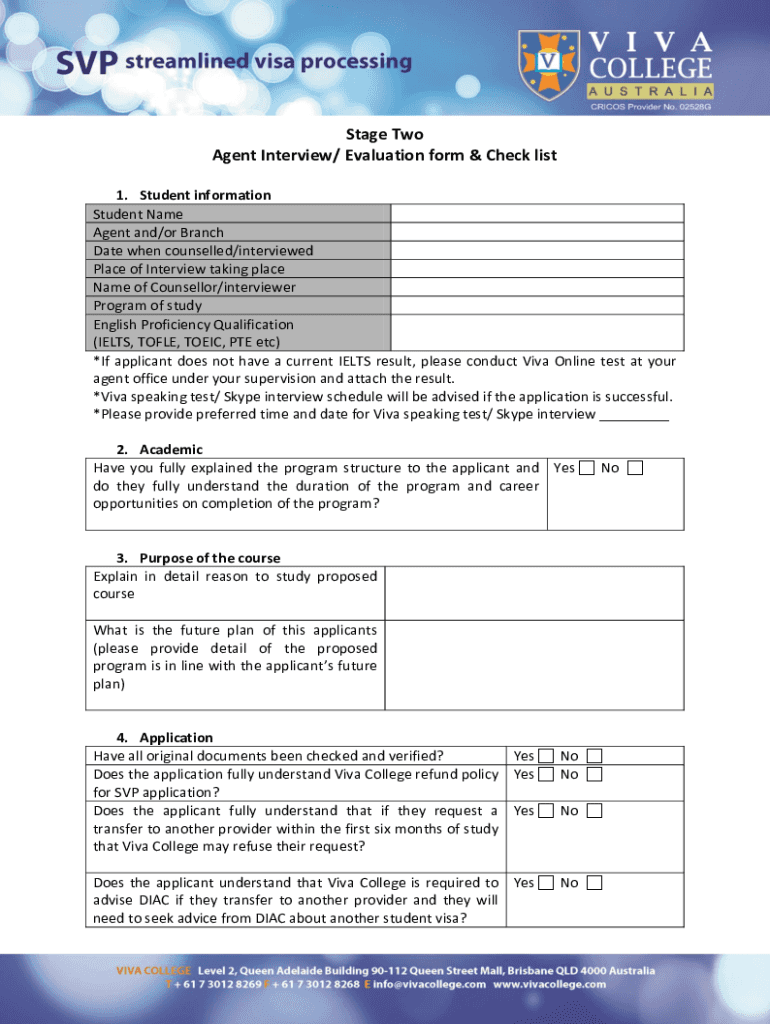 Fillable Online Stage Two Agent Interview/ Evaluation form & Check list ...