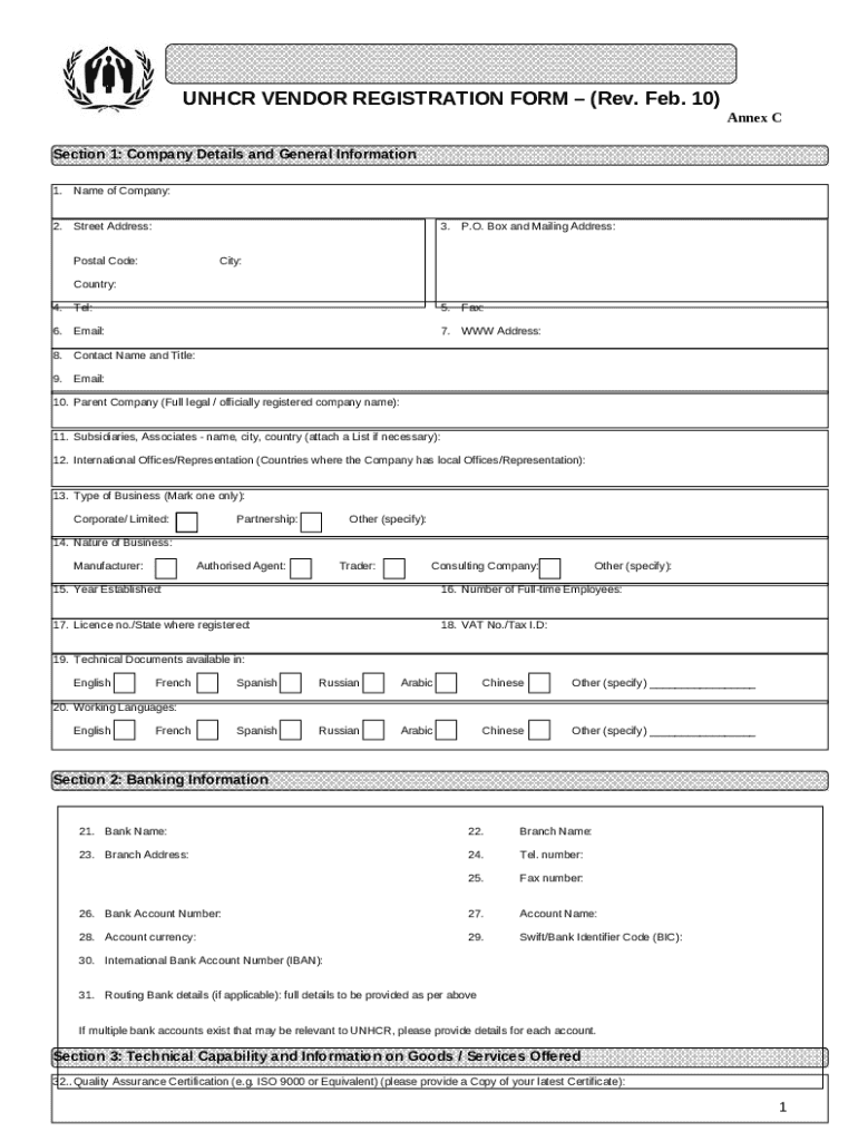 Get UNHCR VENDOR REGISTRATION Rev Feb 10 Doc Template | pdfFiller