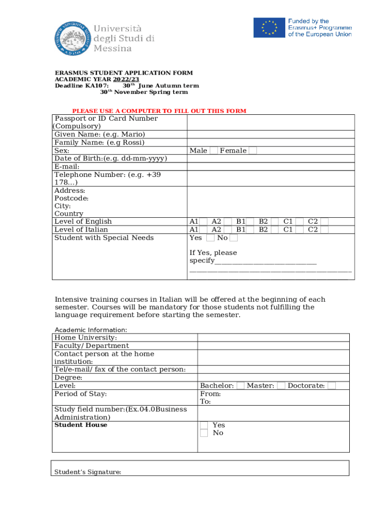 Erasmus Incoming Students. Academic Year 22-23 Doc Template | pdfFiller