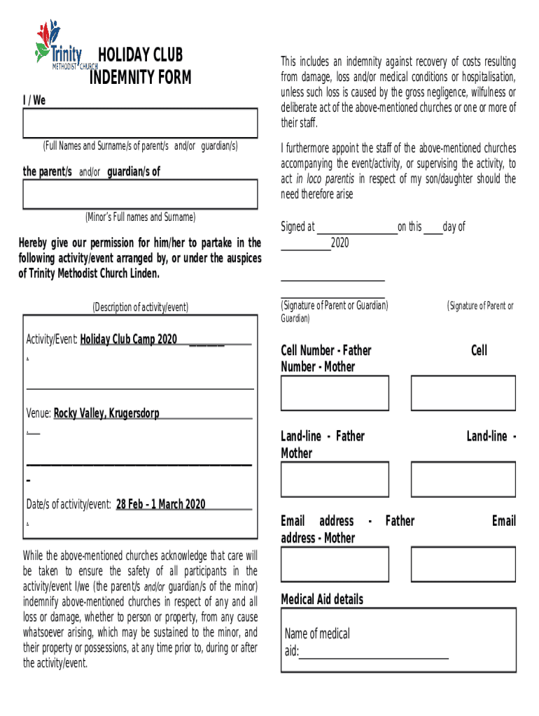 holiday club indemnity Doc Template | pdfFiller
