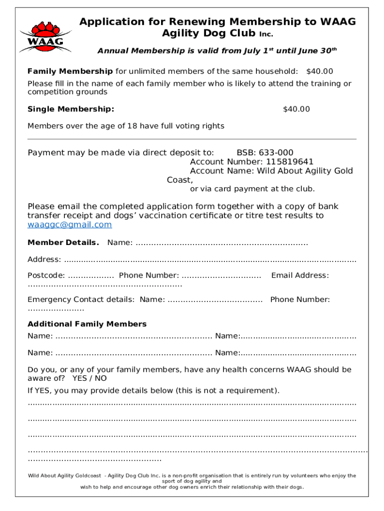 Application for Renewing Membership to WAAG Agility Dog ... Doc ...
