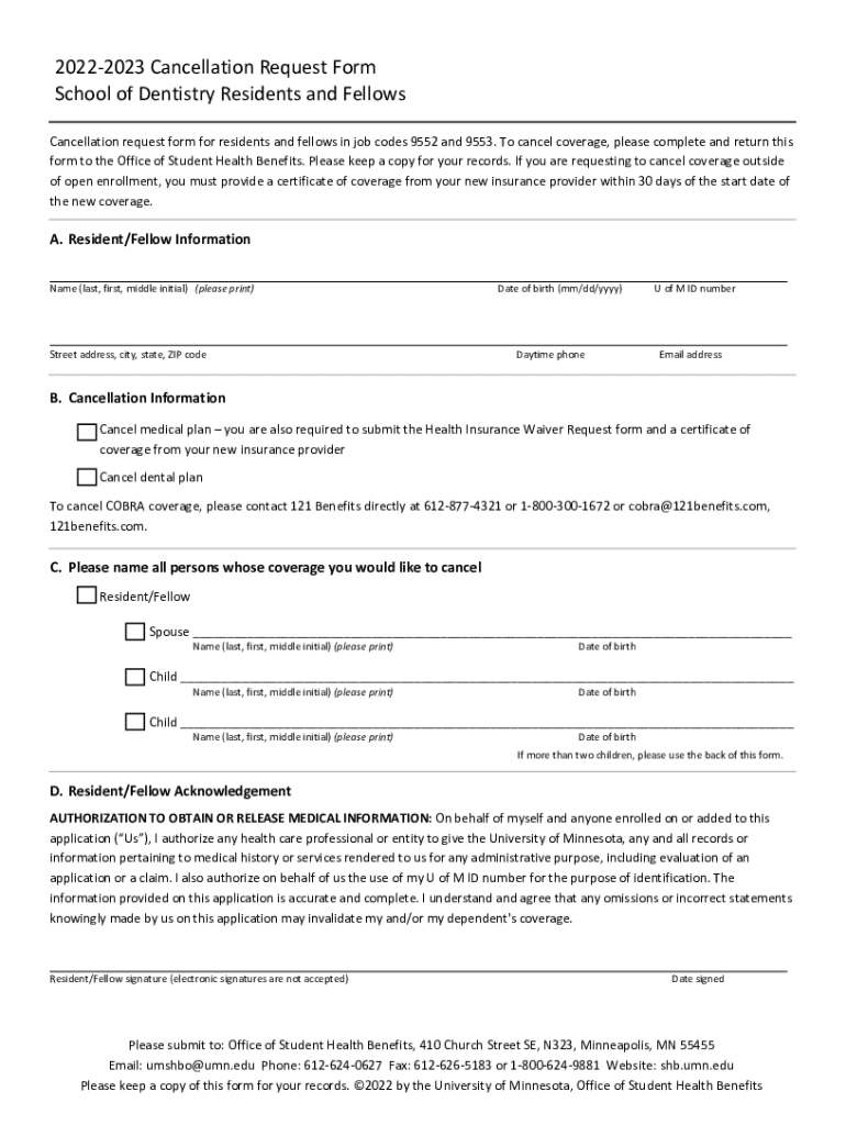 Fillable Online shb umn 2021-2022 SOD RFI cancellation form Fax Email ...