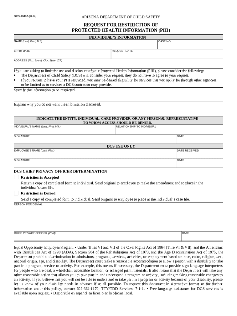 DCS-1046A - Request for Restriction of Protected Health Ination (PHI). DCS-1046A - Request for ...