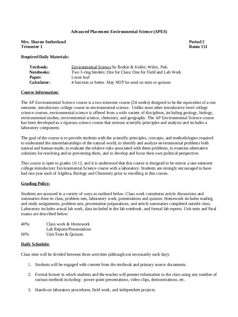 Advanced Placement Environmental Science (APES) Doc Template | pdfFiller