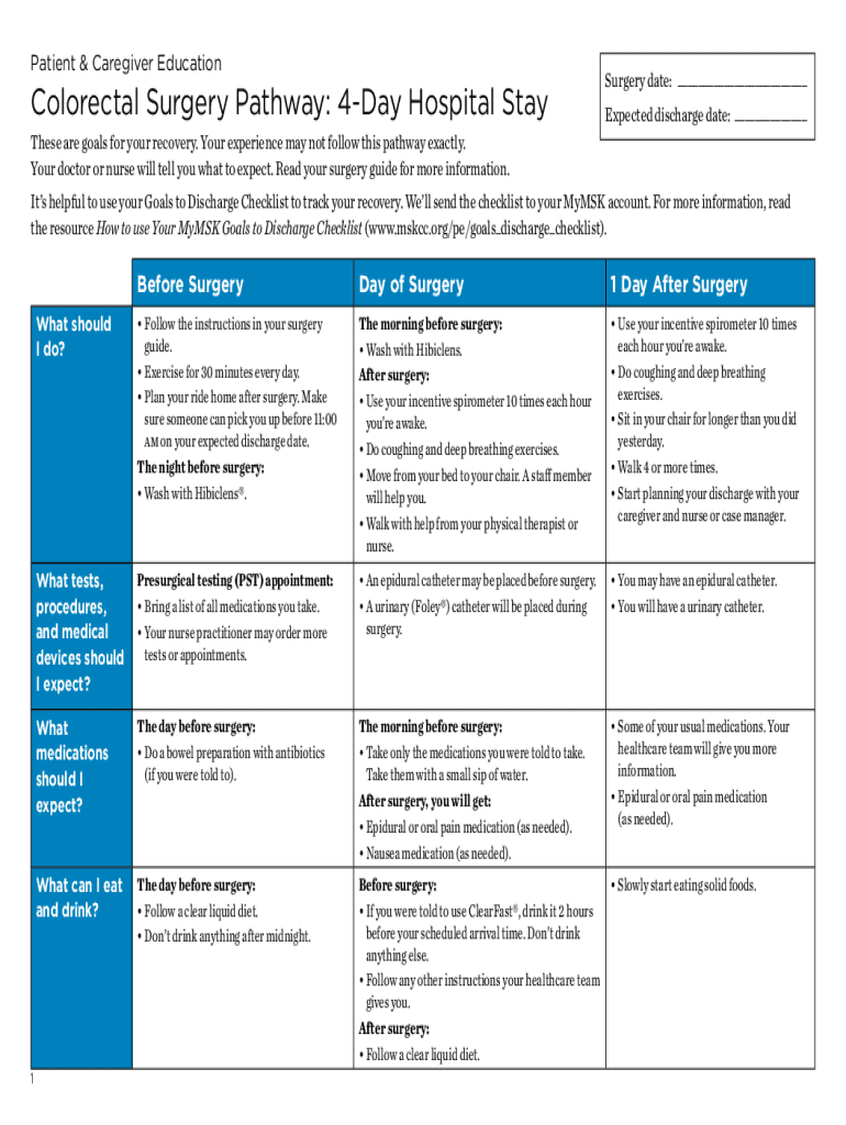 Fillable Online Colorectal Surgery Pathway: 4-Day Hospital Stay Fax ...