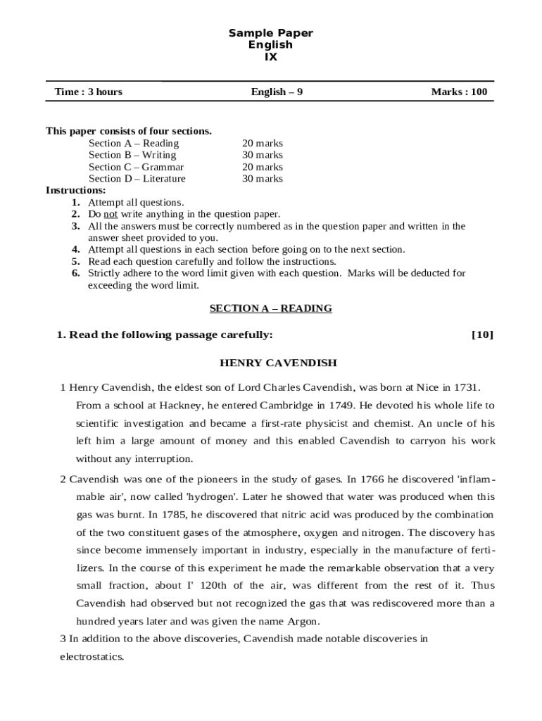 CBSE Class 9 English Sample Paper Doc Template PdfFiller