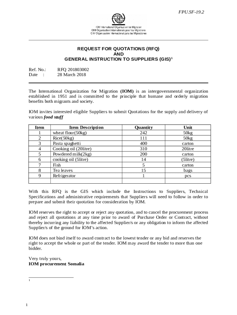 RFQ: Supply and Delivery of Various Food Stuff to Kismayo Doc Template | pdfFiller
