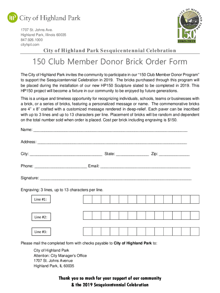 Fillable Online 150 Club Member Donor Brick Order Form Fax Email Print - pdfFiller