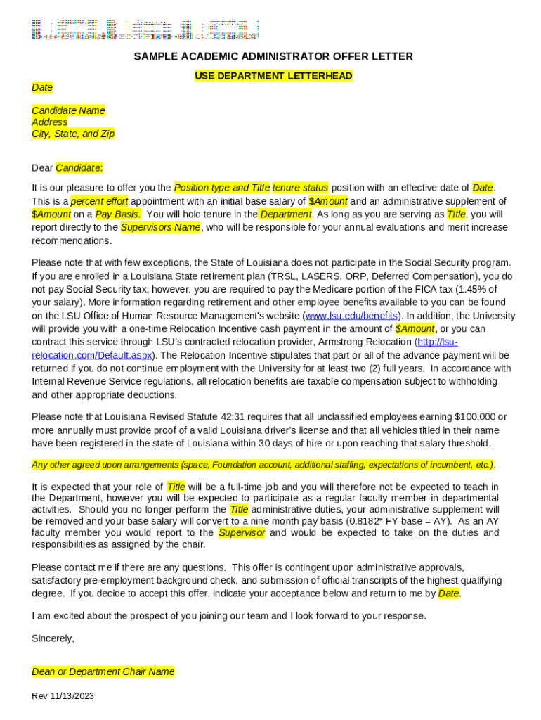 Sample Academic Administrator Offer Letter Use Department ... Doc ...