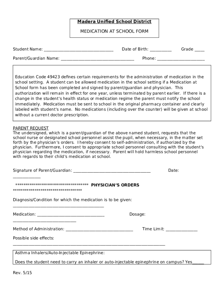 Medication at School -English Doc Template | pdfFiller