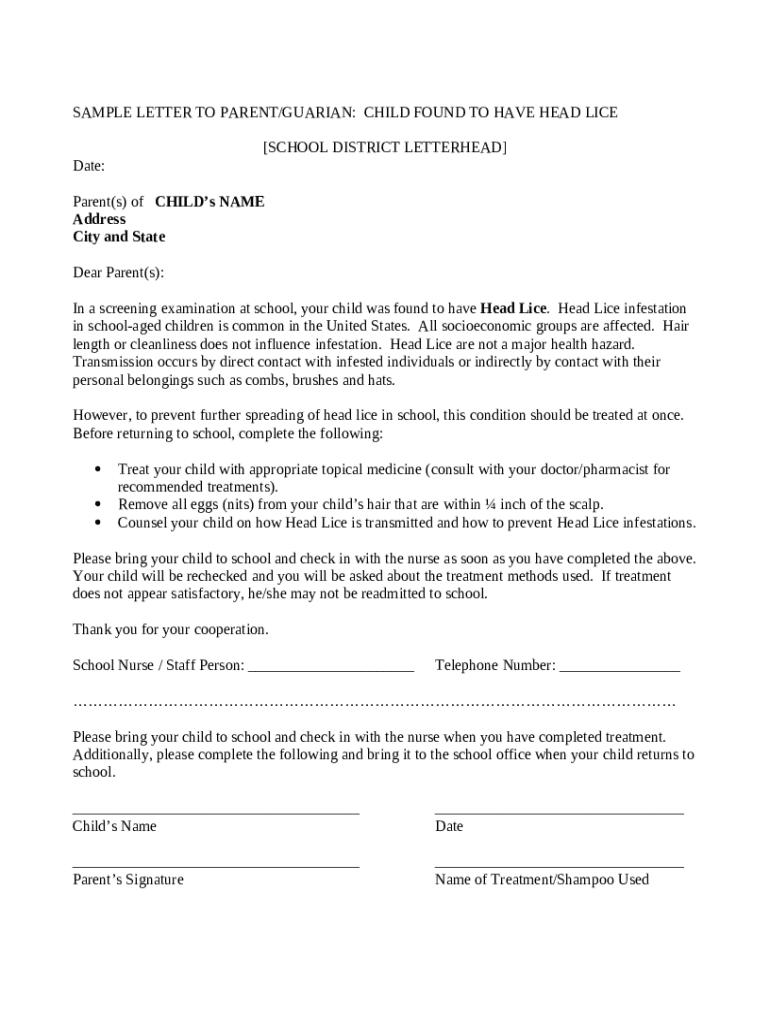 SAMPLE LETTER TO PARENTS (Head Lice in Classroom) Doc Template | pdfFiller