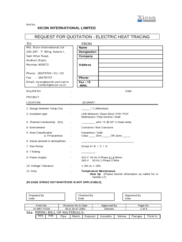 SUB - REQUEST FOR QUOTATION - ELECTRIC HEAT TRACING Doc Template | pdfFiller