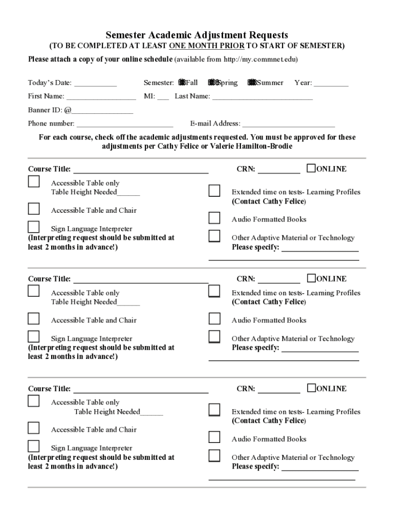 Fillable Online sEMESTER REQUEST FOR ACADEMIC ADJUSTMENT ... Fax Email ...