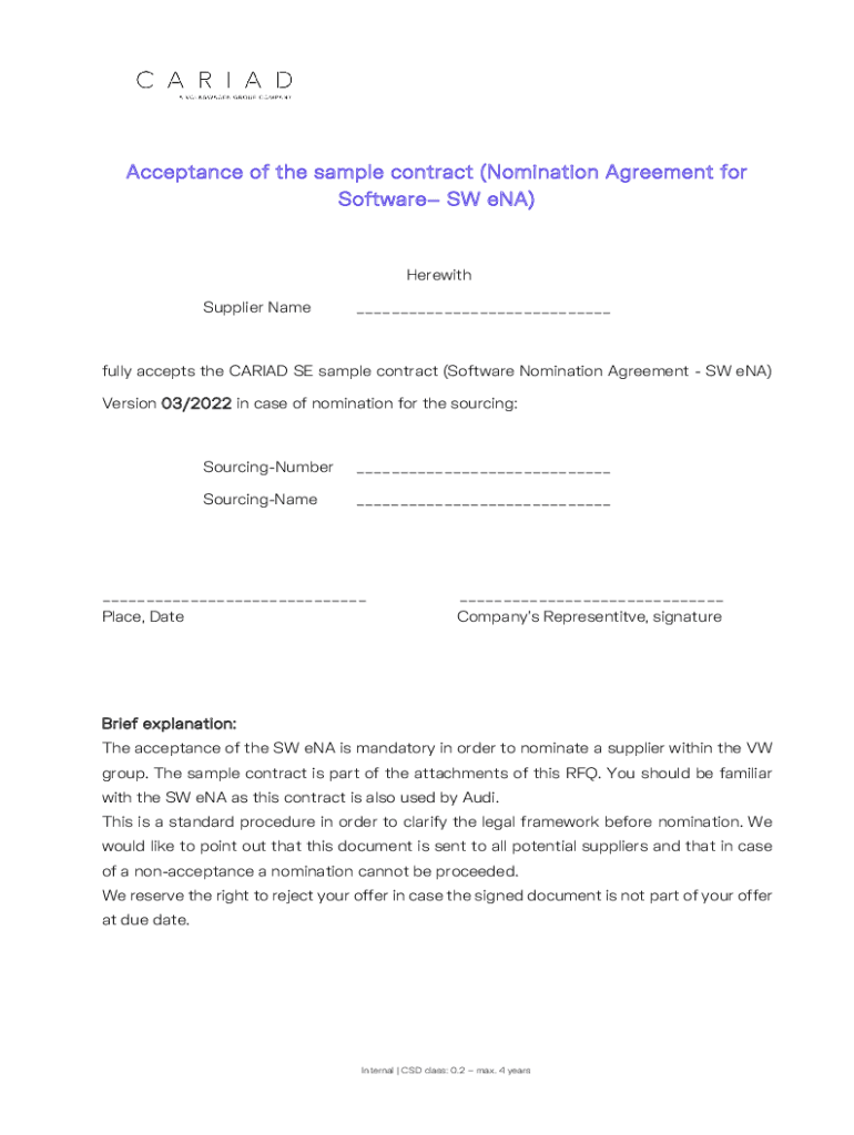 Fillable Online Acceptance of the sample contract (Nomination Agreement ...
