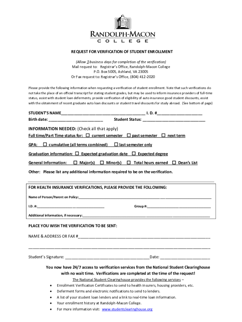 Fillable Online Request For Verification Of Student Enrollment ...