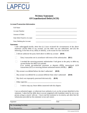 Written Statement of Unauthorized Debit (ACH) 1. Account/ ... Doc ...