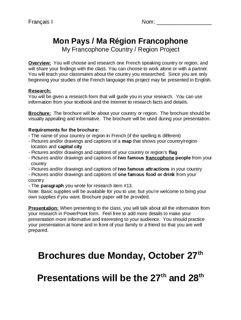 Francophonie Project - Lawless French Class Ideas Doc Template | pdfFiller