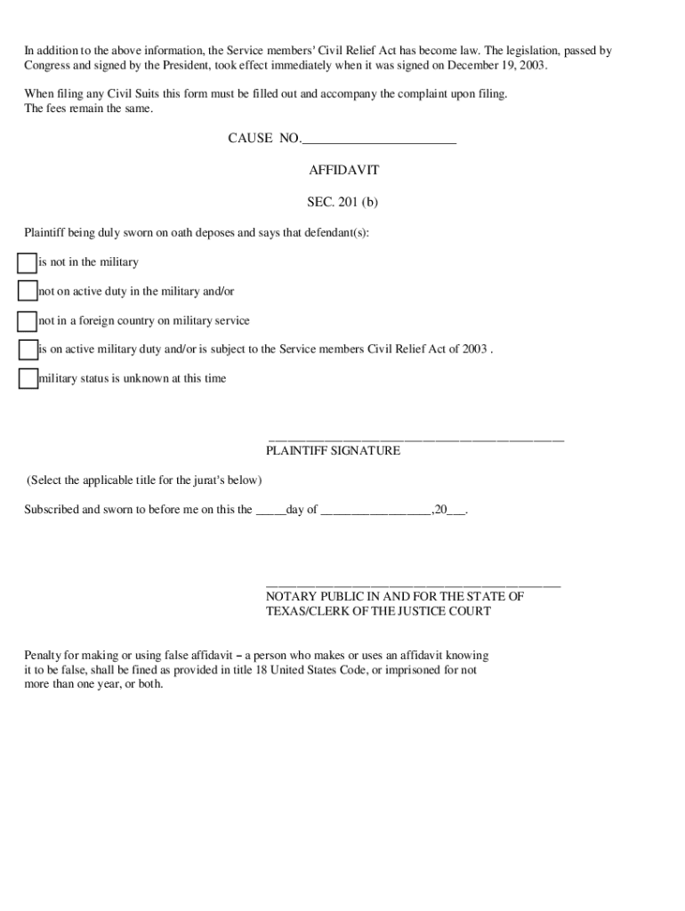 Fillable Online SERVICEMEMBER'S CIVIL RELIEF ACT AFFIDAVIT Fax Email ...