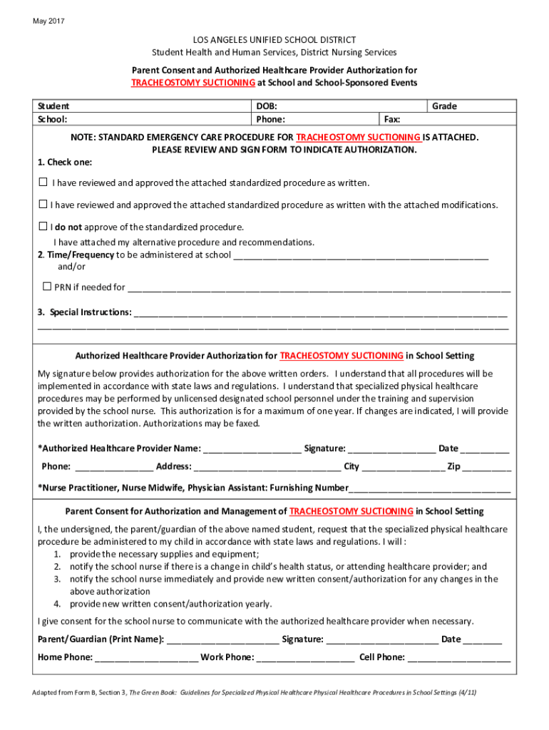 Fillable Online Authorization for Tracheostomy Management at School Fax ...
