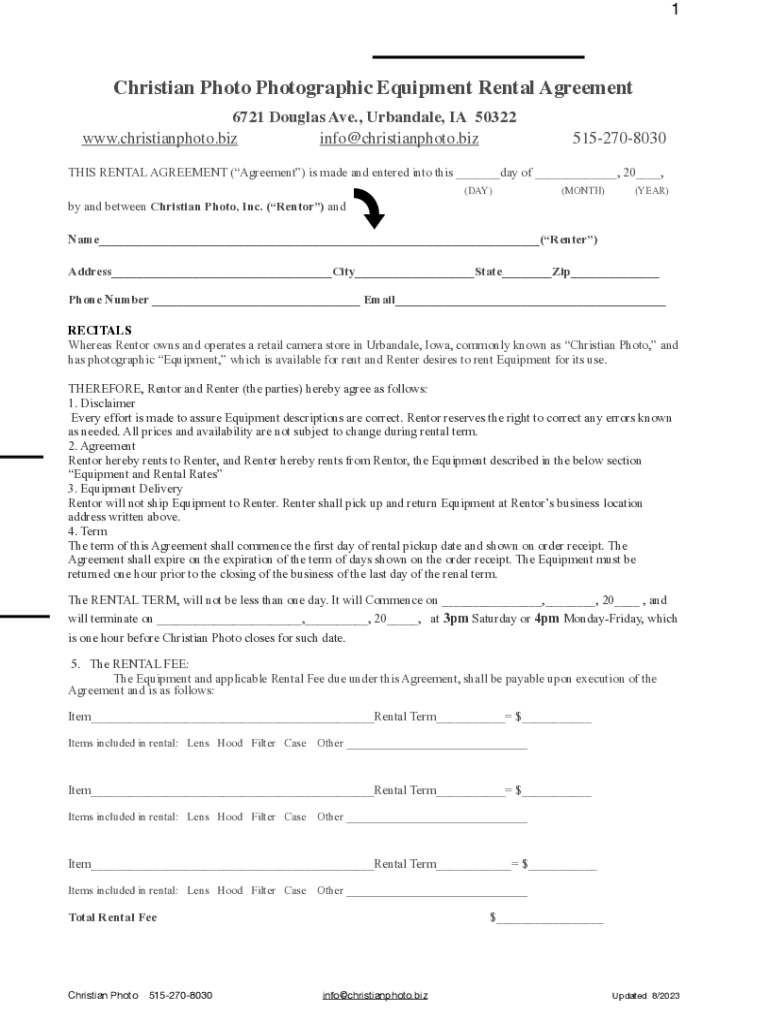 Fillable Online Christian Photo Photographic Equipment Rental Agreement Fax Email Print - pdfFiller