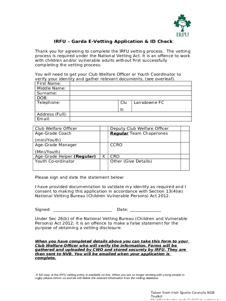 IRFU - Garda Vetting s - Ballina Rugby Football Club ... Doc Template ...