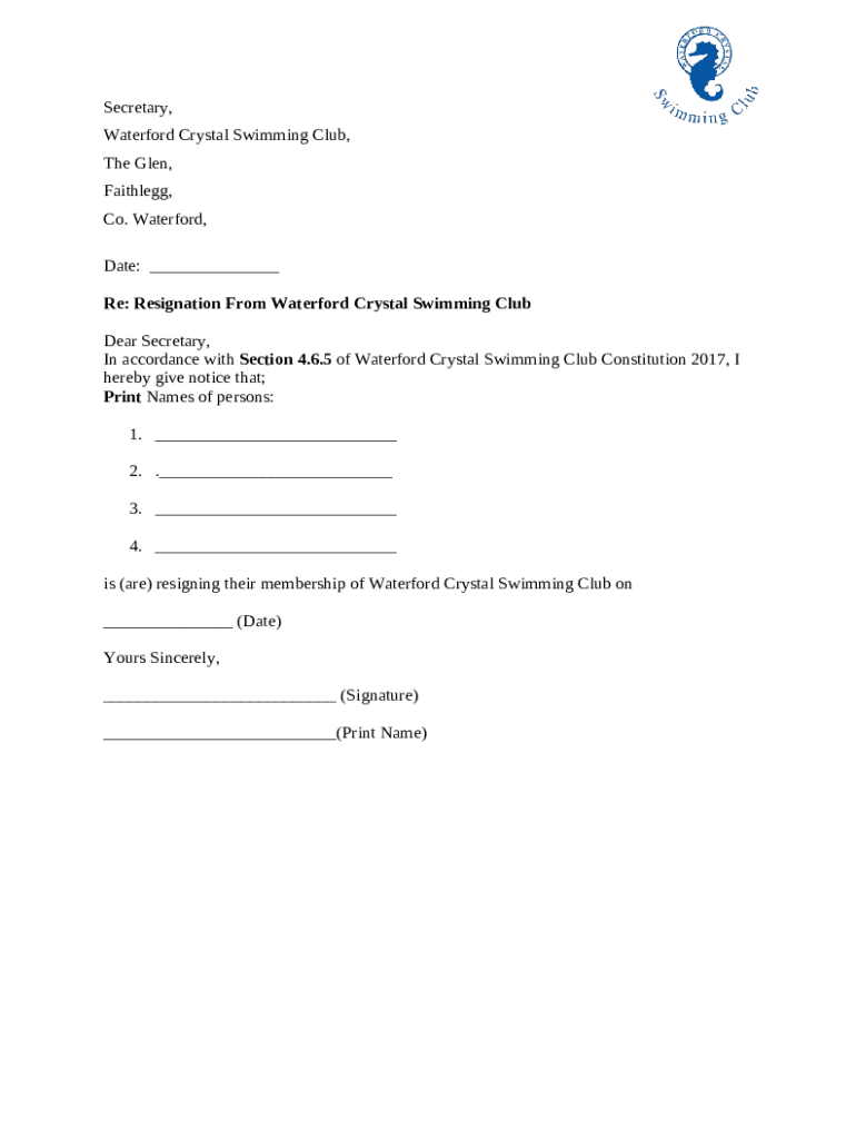 Resignation from Club Template Letter Doc Template | pdfFiller