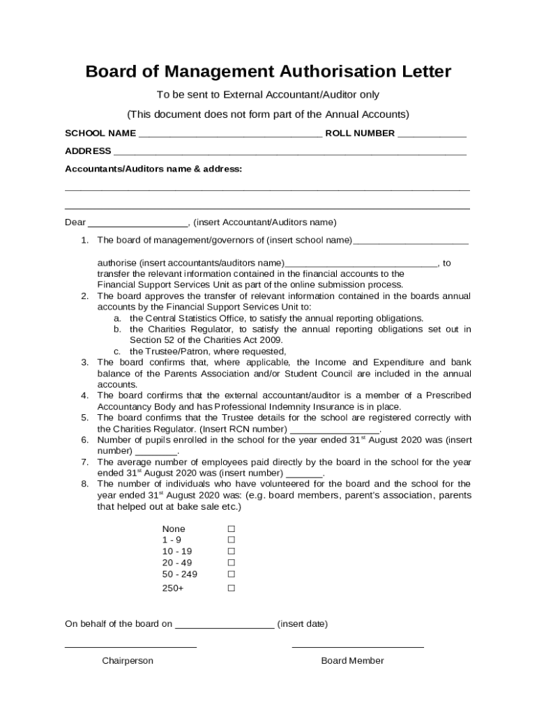 Board of Management Accounts Authorisation Letter Doc Template | pdfFiller