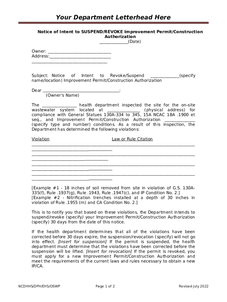 Your Department Letterhead Here. Intent to Suspend IP CA Doc Template | pdfFiller