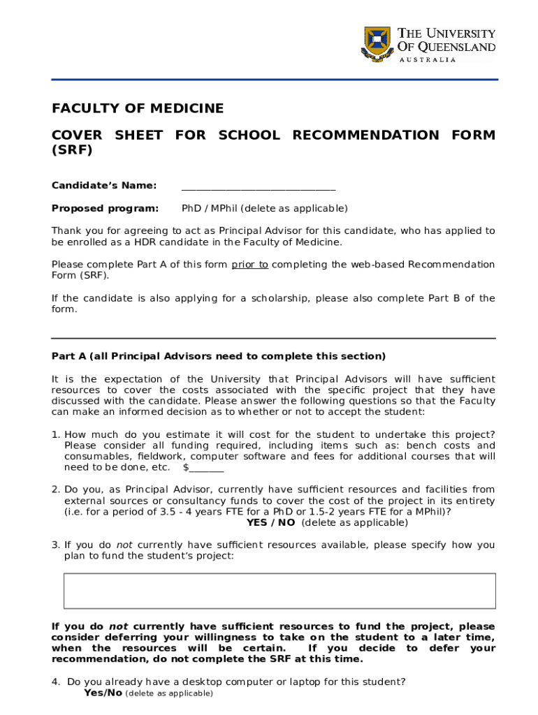 APPLN 4 Cover Sheet for SRF ( ... - medicine uq edu Doc Template | pdfFiller