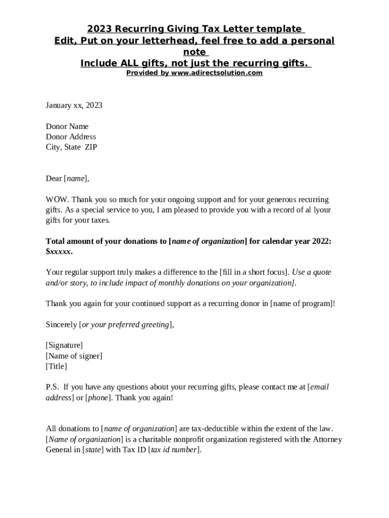 2023 Recurring Giving Tax Letter template Edit, Put on ... Doc Template ...
