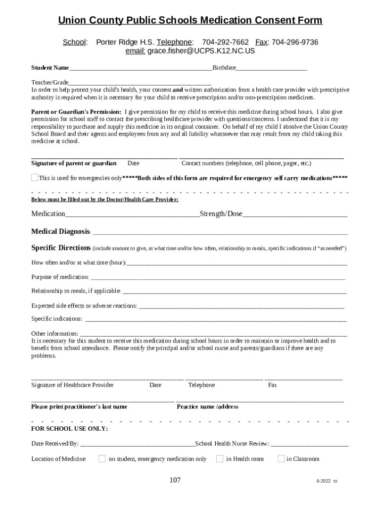UCPS Medication Consent with Self-Carry Doc Template | pdfFiller