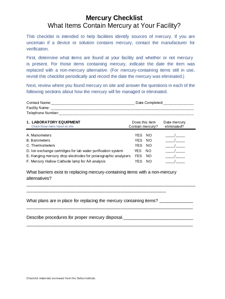 Mercury Checklist for Sewage Treatment Plants Doc Template | pdfFiller