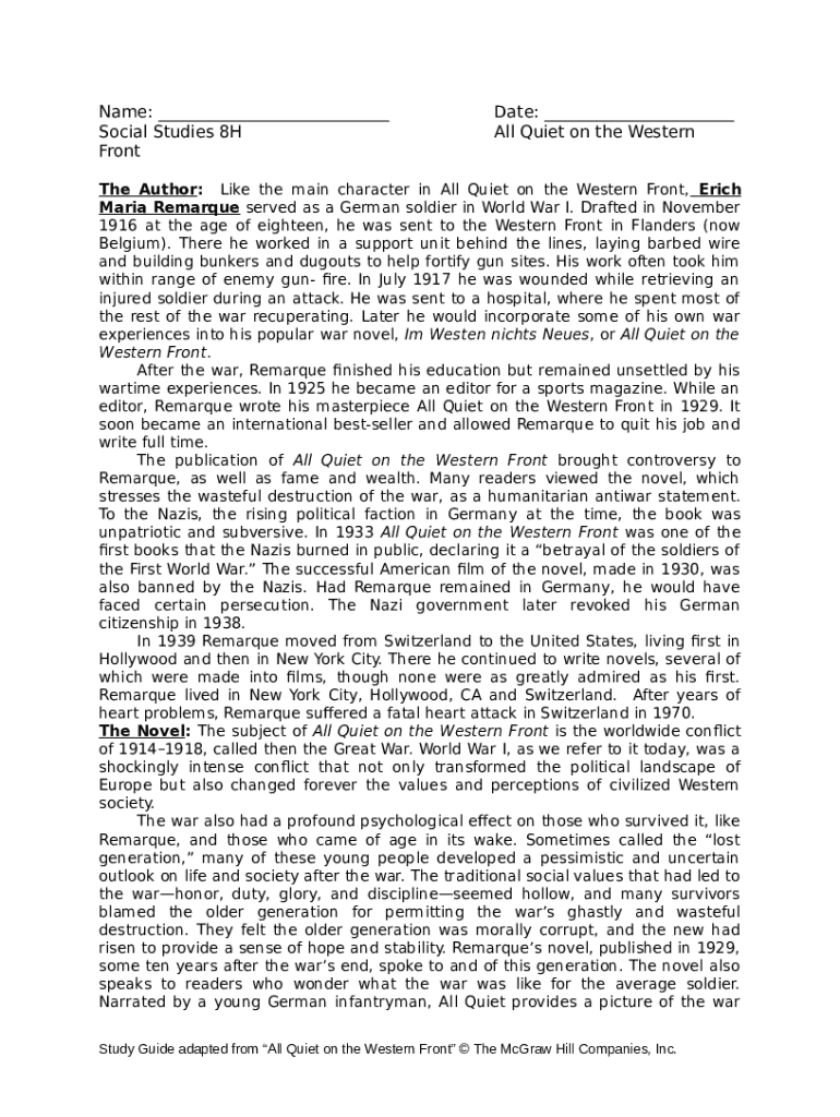 WWI novel All Quiet on the Western Front is published Doc Template ...