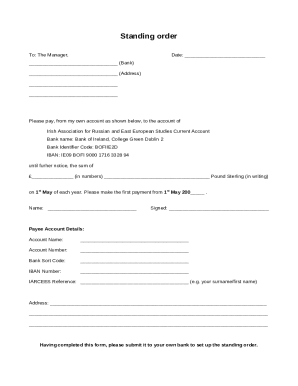 Standing order (banking) Doc Template | pdfFiller
